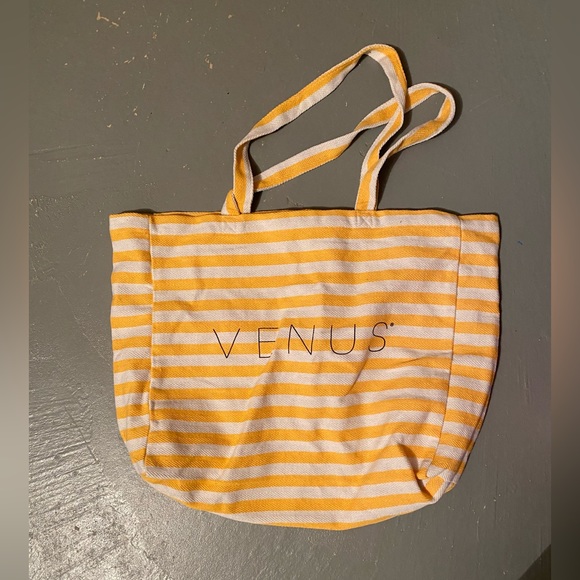 VENUS | Bags | Venus Yellow And White Beige Stripes Handbag Tote Bag ...
